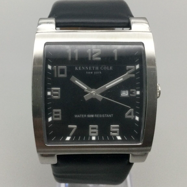 Kenneth Cole Watch Men 36mm Silver Tone Square 50M Date Leather New ...