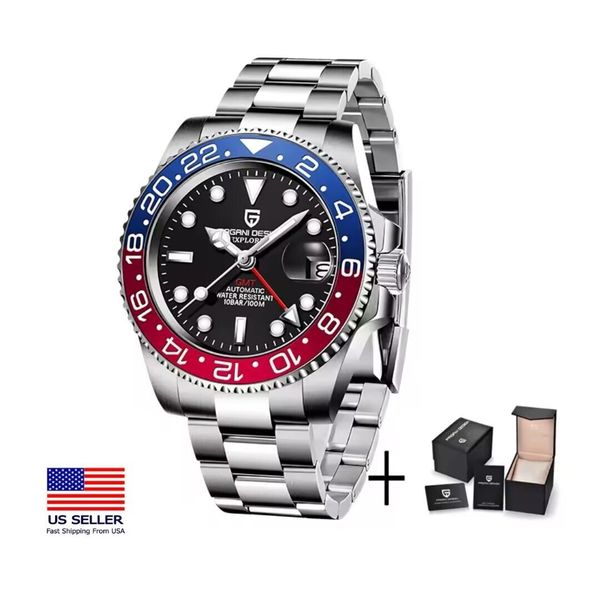 PAGANI DESIGN PD-1662 GMT Automatic Watch 40mm Blue and Red Bezel ...