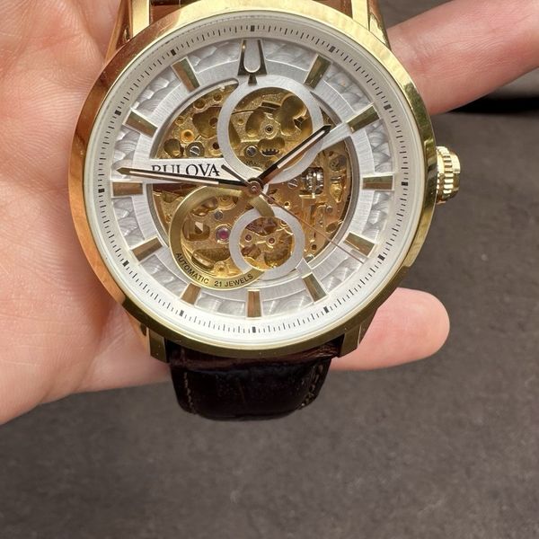 Bulova 97A138 Automatic Skeleton Menâ s Watch â Gold Tone, Leather ...