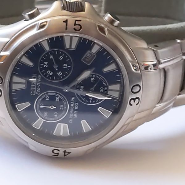 CITIZEN H500 ECO-DRIVE CRONOGRAPH WATCH BRUSHED CHROME- BLUE DIAL NEW ...