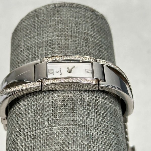 Bulova Watch Womens 14mm Pave Bezel Band MOP Dial 6" Silver Tone New ...