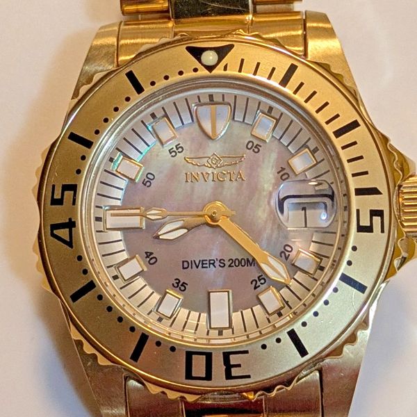 Invicta Ladies pro Diver watch gold polished band W/pearl face ...