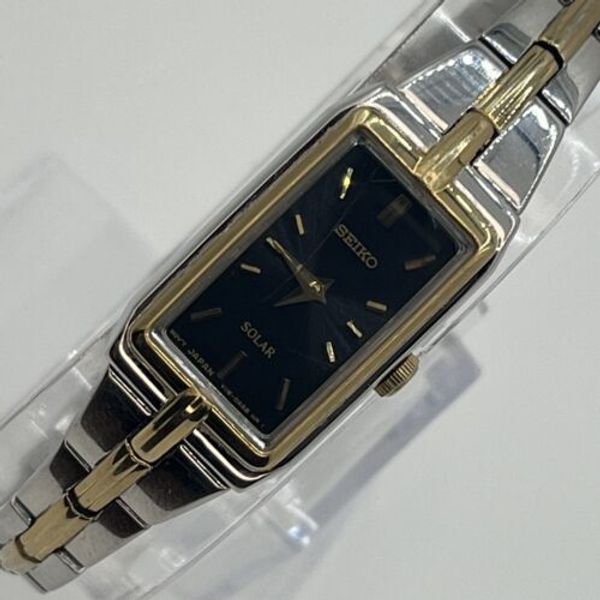 Seiko Solar Watch Women's Two Tone Black Dial 15mm Rectangle V116-0AH0 ...