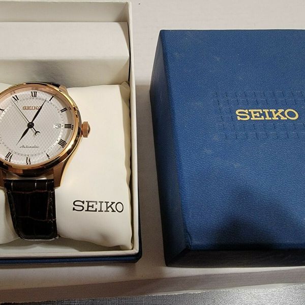 SEIKO 4R35-00P0 Gold Dial White Face Automatic Men's Watch Brown ...