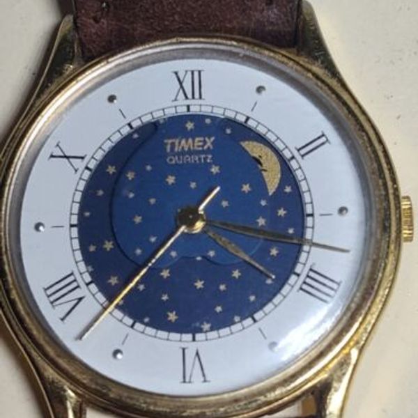 Vintage Timex M CELL Men Blue Star Moon Phase Leather Quartz Watch 7 1/ ...