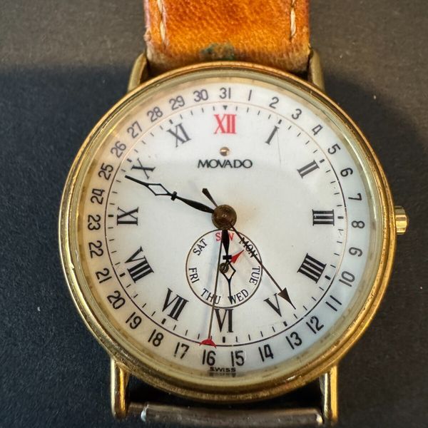 Vintage Movado Calendar 87-06-885 K Day Date Gold Tone Leather Watch ...