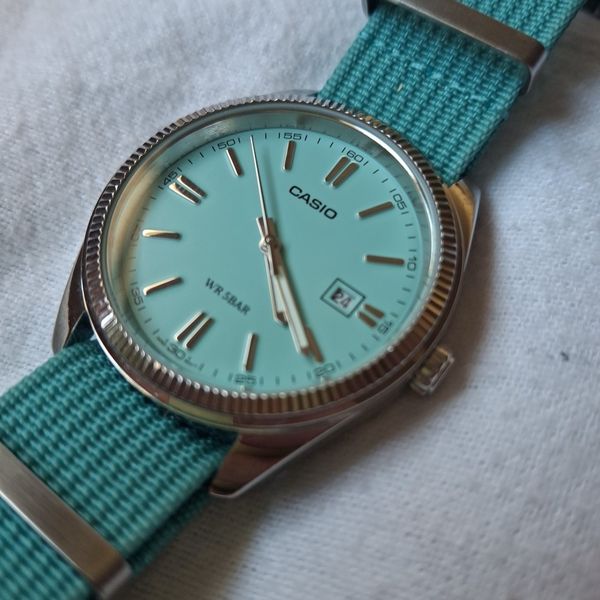 Casio MTP 1302 "Tiffany Blue" Quartz Wrist Watch With Teal NATO Straps ...