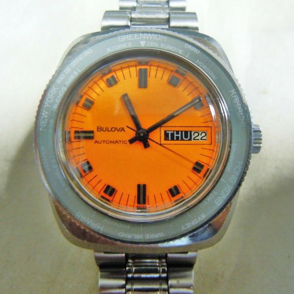 VINTAGE 1969 BULOVA SKYSTAR WORLD TIME BEZEL ORANGE DIAL AUTOMATIC ...