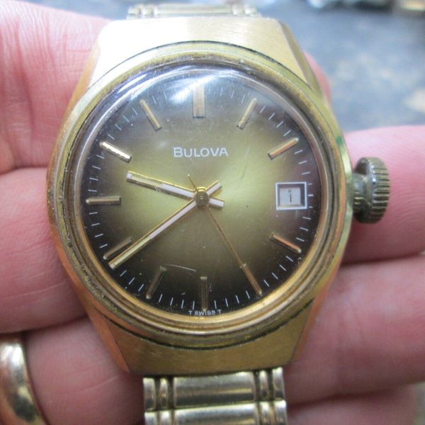 MENS BULOVA DATE GOLD FILLED TOP STAINLESS BACK Running WRIST Watch ...