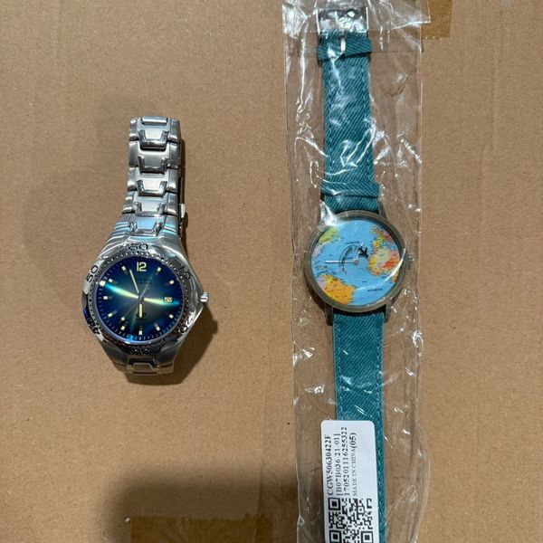 Fossil Blue AM-3520 Sunburst Dial Date Silver Quartz Watch PLUS Another ...