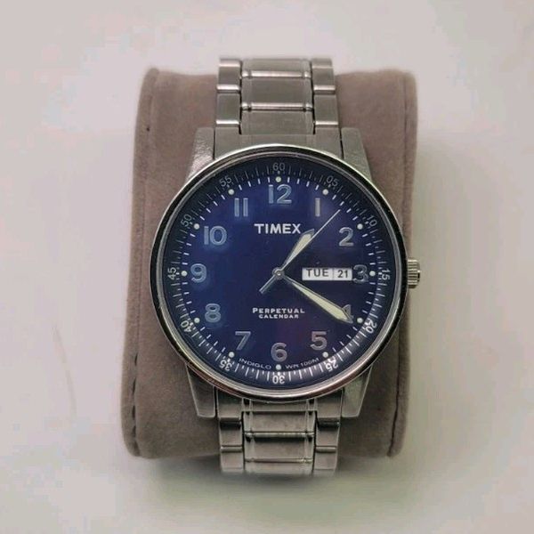 Vintage Timex Perpetual Calendar Watch Blue Dial 40mm Stainless Indiglo ...