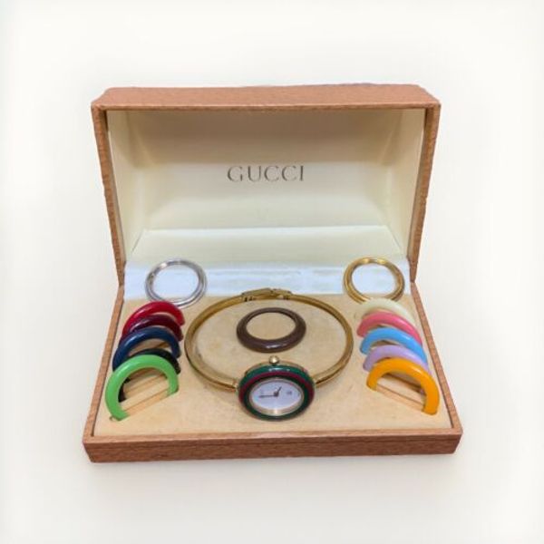 Gucci Change Bezel 14 Colors Gold Dial 1100-L Watch In Box Overhauled ...