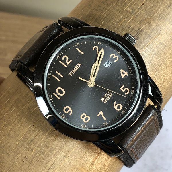 Timex Men Easy Reader Black Dial Date Leather 39mm Quartz Analog Watch ...