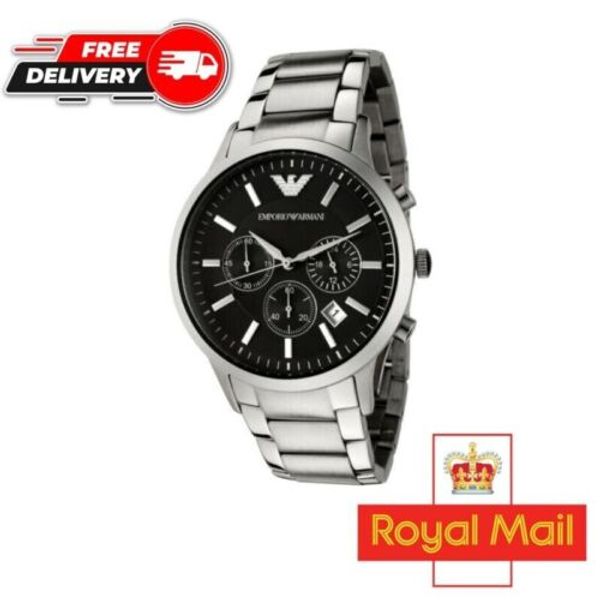 NEW EMPORIO ARMANI AR2434 STAINLESS STEEL BLACK DIAL CHRONOGRAPH MENS ...
