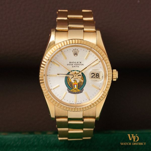 RARE 1983 34mm Rolex Full Gold Oyster Perpetual Date “UAE Quarishi Hawk ...