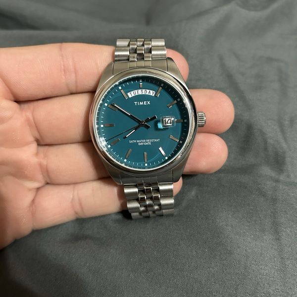 Timex Legacy Day Date 41mm Blue-Green Dial, Jubilee Stainless Steel ...