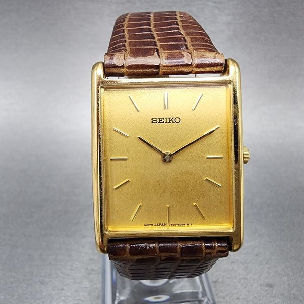 Seiko Tank Watch Men 25mm Gold Dial Gold Tone Rectangle V700-5K30 New Battery | WatchCharts ...
