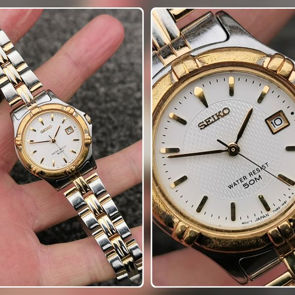 Seiko Quartz Watch, Round Dial, Date Window, Two-Tone Stainless Steel ...