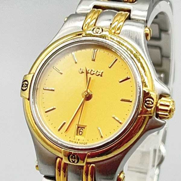 Near MINT *Vintage GUCCI 9040L Women Quartz Gold Dial Date 26mm Watch ...