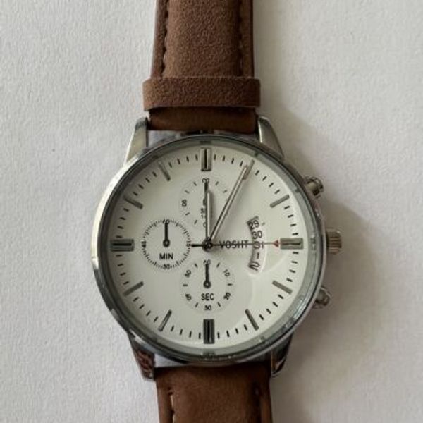 mens watch VOSHT Brown Leather Band White Face Chrome Components Chrome ...