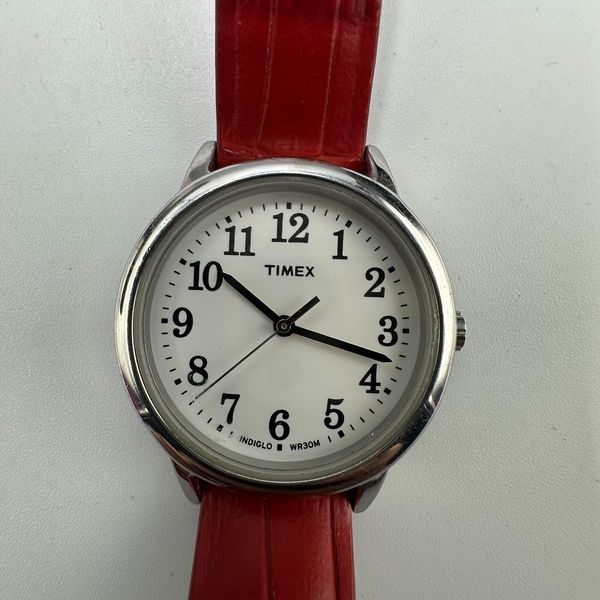 Timex Watch Women Silver Tone Easy Reader White Dial Indiglo Red Band ...