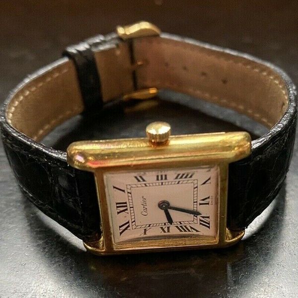 Vintage CARTIER 18K Gold electroplated Ladies watch, Band w 18K 750 ...