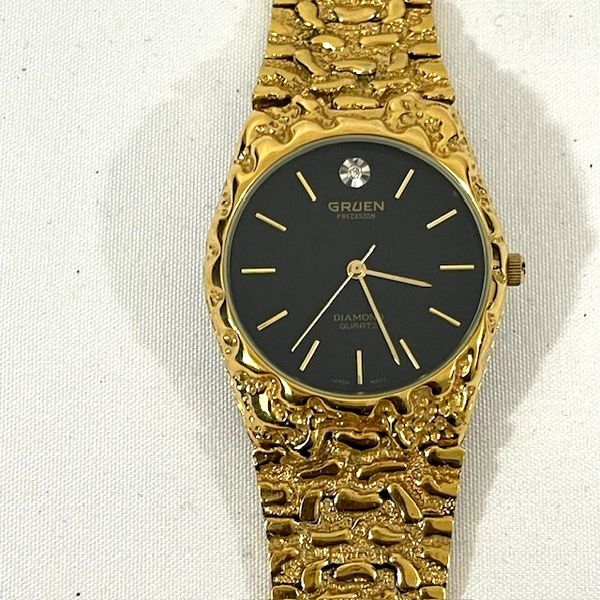 Vintage Mens Gruen Precision Quartz Gold Tone Nugget Watch Bracelet ...