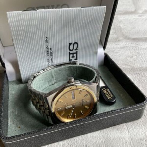 VINTAGE GOLD TONE SEIKO SQ 100 SPORTS 8229-7010 QUARTZ WRIST WATCH 1970 ...