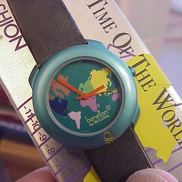 Circa 1989 Benetton by Bulova Green Map World Watch w Metal Box New ...