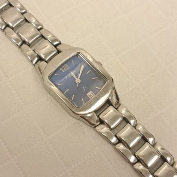 Fossil F2 Watch Women Silver Tone Date Blue Rectangle Dial New Battery ...