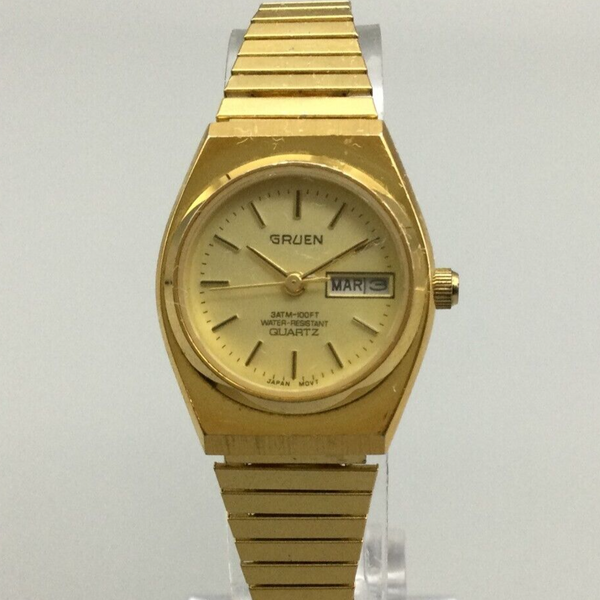 Vtg Gruen Watch Women Gold Tone Round Dial Day Date Stretch Band New ...