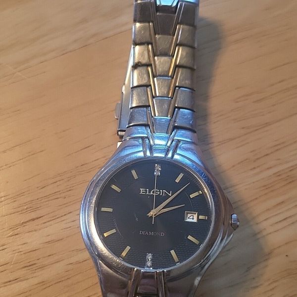 ELGIN DIAMOND MENS WATCH WHITE DATE ON DIAL , LINK BRACELET JAPAN ...
