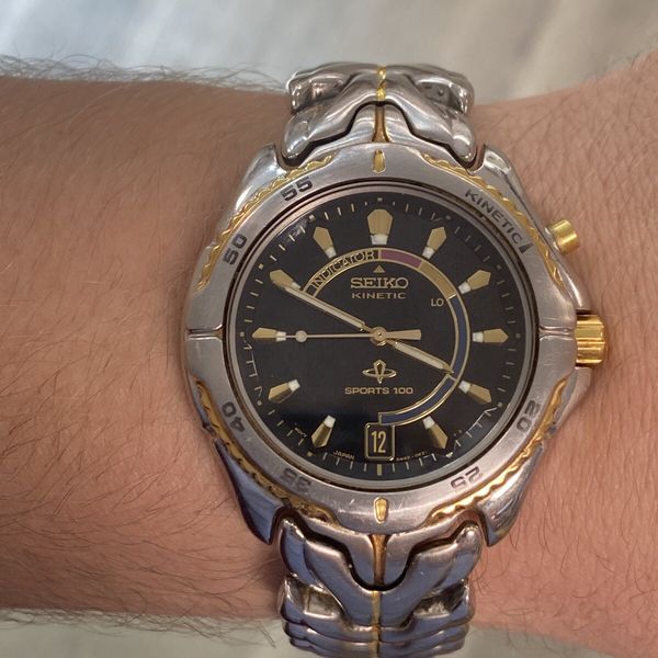 Seiko Kinetic Watch Men 5M42-0B09 Automatic Indicator Black Gold Silver ...