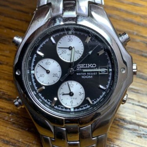 SEIKO ALARM 7T32-6M90 CHRONOGRAPH WATER RESIST 100M SOLID ST STEEL Pre ...