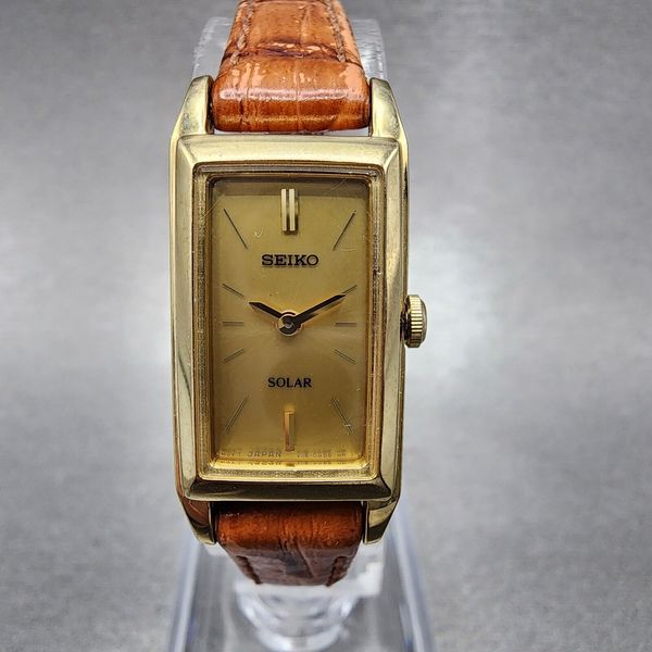 Seiko Solar Tank Watch Women 15mm Gold Dial Gold Tone Rectangle V116 ...