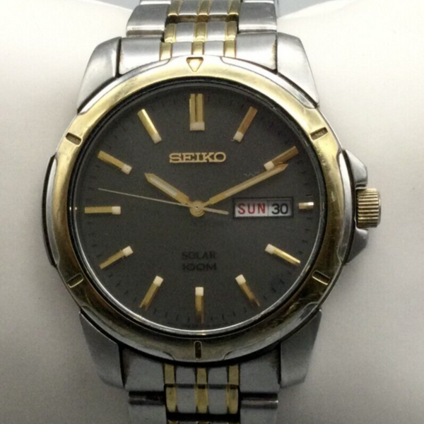 Seiko Solar Watch Men 36mm Gold Tone Day Date Round Gray Dial 7 ...