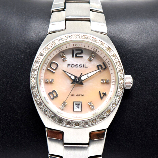 Glitzy Fossil AM-4175 MOP Dial Crystal Bezel All Stainless Womenâ s ...