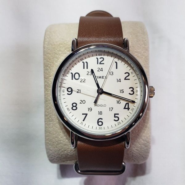 Men's TIMEX WEEKENDER Brown Leather Strap Analog Indiglo Watch 40mm w ...