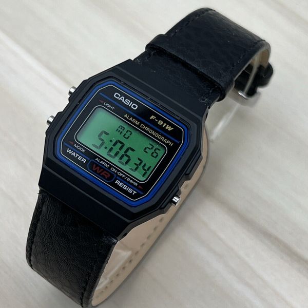Casio F-91W Digital Watch - Green Screen Mod - Black Buffalo Grain ...