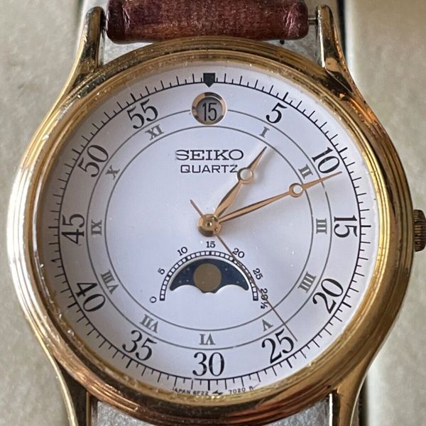 Seiko Moon Phase Watch Men 34mm White Dial Gold Tone Date 6F22-7009 New ...