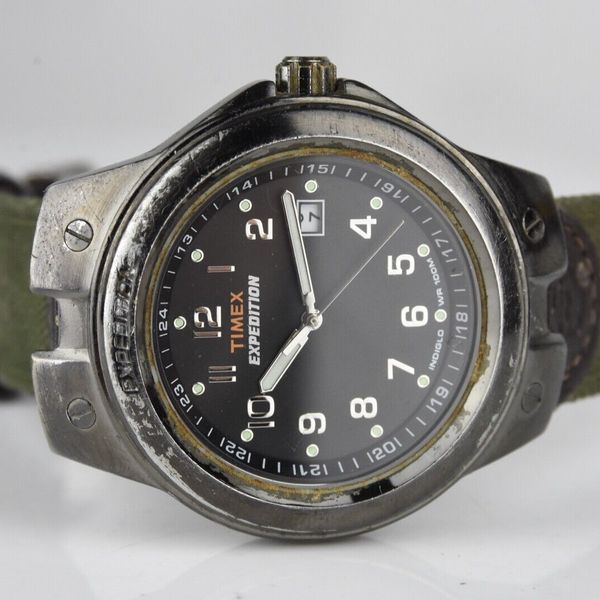 Timex T49631 "Expedition" Brown Leather Watch Indiglo Date 100 Meter ...