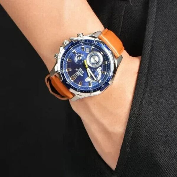 Casio Edifice Chronograph for Men Blue Dial with Brown Leather Strap ...