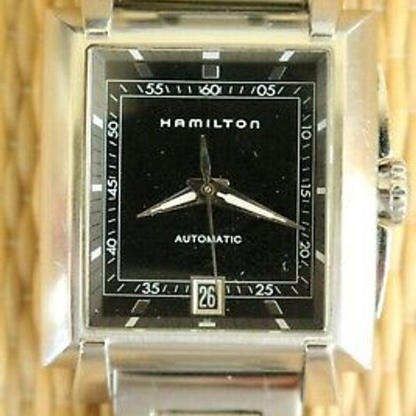 STOCK HAMILTON TRENT RE-ISSUE BRACELET STAINLESS STEEL BLACK DIAL WATCH ...