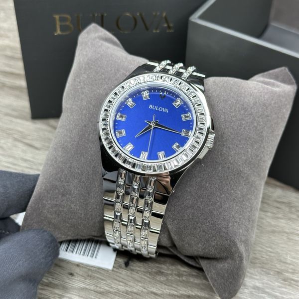 NEWâ CRYSTALSâ Bulova Phantom Blue Dial Silver Steel Men's Watch 96A254 ...