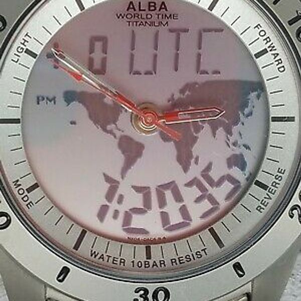 SEIKO VINTAGE DIGITAL WATCH NX04-0AD0 TITANIUM WORLD TIME MAP DISPLAY ...