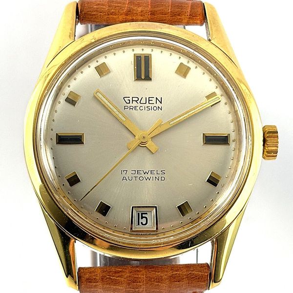 Vintage Gruen Precision Autowind Gold Tone Mens Date Watch 730CA 17J ...