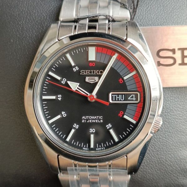 Seiko 5 SNK375K1 Gents Black/Red 'Speed Dial' S.Steel Men's Automatic ...