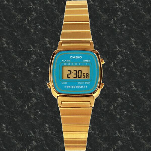 Casio LA-670WGA-2 Ladies Digital Watch Gold Steel Band Blue Dial Retro ...