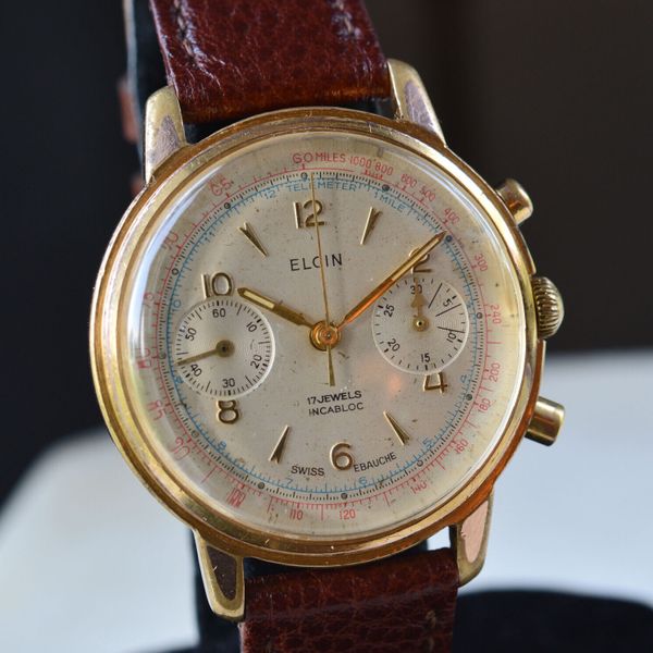 1950s ELGIN Swiss MEN CHRONOGRAPH WRISTWATCH 36mm Cal Venus 188 Manual ...
