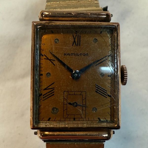 Hamilton deco tank watch, 19J, 14K gold case, 982 mvt, works well ...